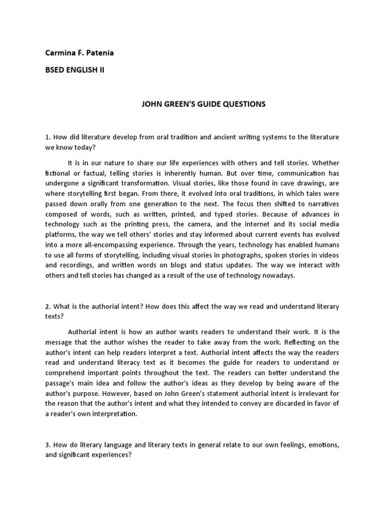 John Green's Guide Questions | Download Free PDF | Storytelling | Narrative