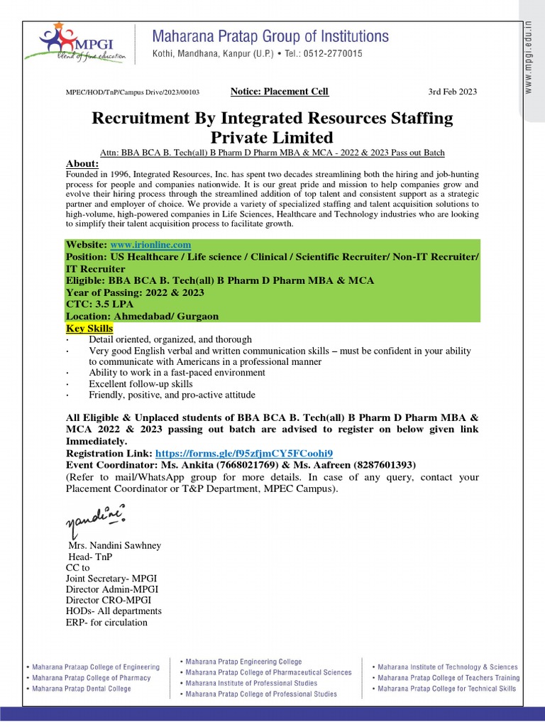 Integrated Resources Staffing Private Limited 2022 & 2023 | PDF