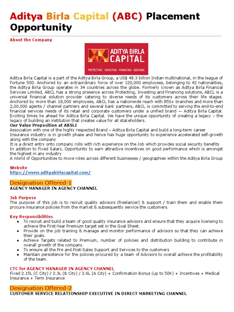 Placement Opportunity - Aditya Birla Capital (ABC) - BCA, BBA & MBA - Batch 2023 | Download Free ...