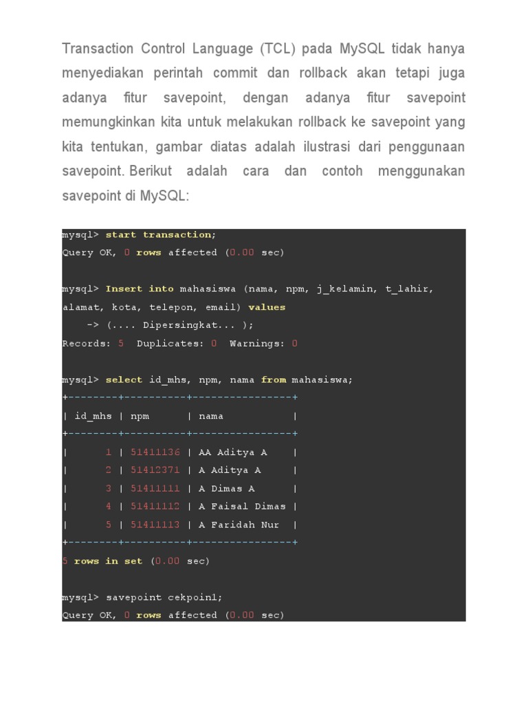 Transaction Control Language Savepoint Dan Rollback Pdf 