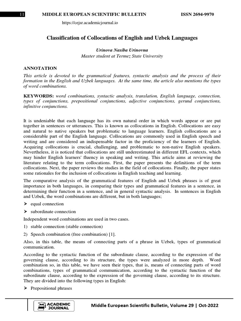Classification of Collocations of English and Uzbek Languages | PDF ...