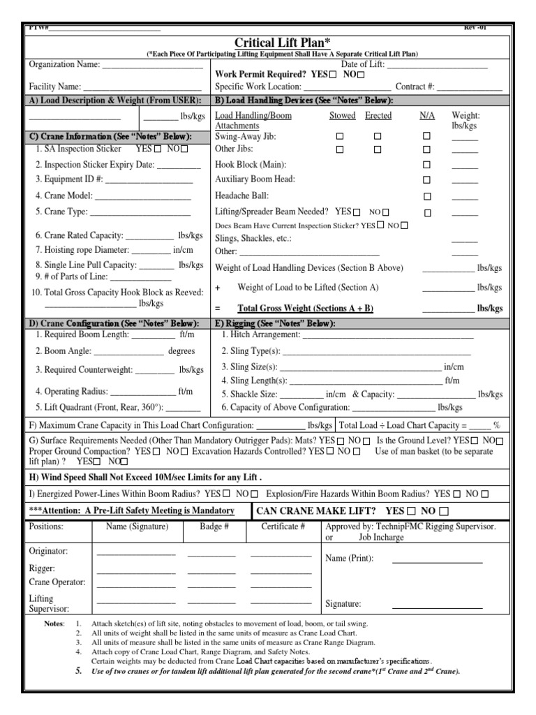 Critical Lift Plan Form - Sa 9644 Rev.01 | PDF | Crane (Machine ...
