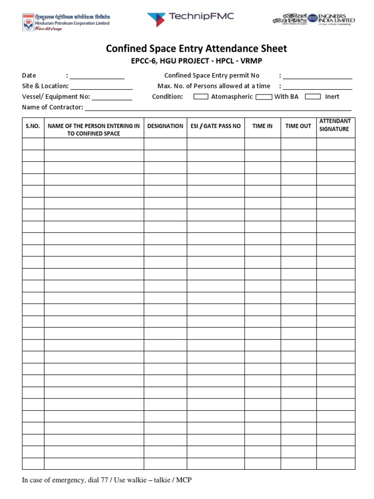 Confined Space Entry Log Sheet | PDF