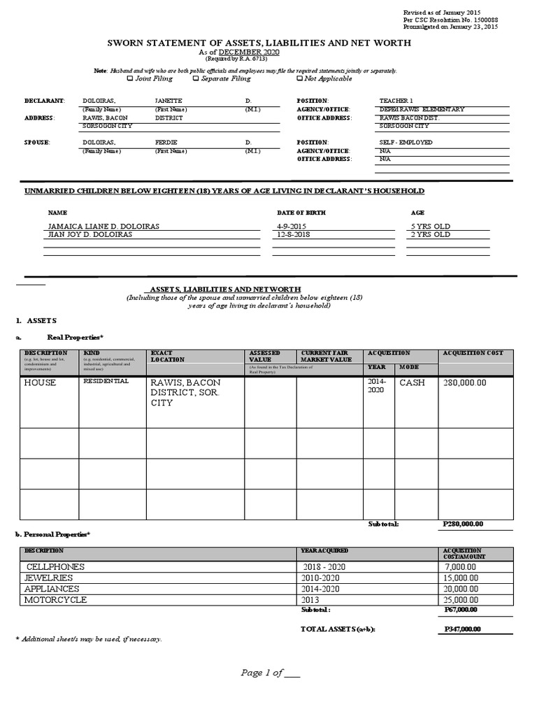 Revised SWORN STATEMENT Form | PDF | Net Worth | Private Law
