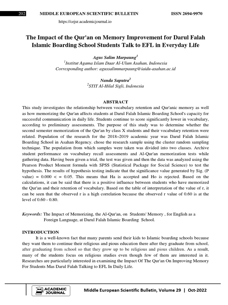 The Impact of The Qur'an On Memory Improvement For Darul Falah Islamic ...