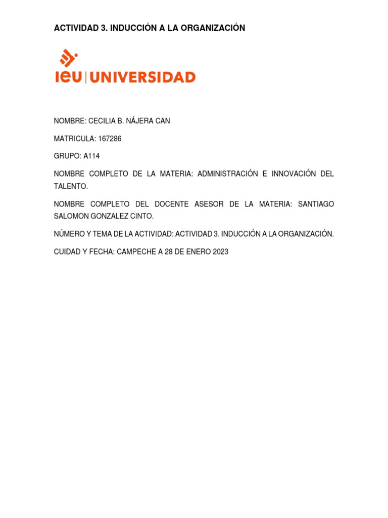 Act3 INDUCCIÓN A LA ORGANIZACIÓN | PDF | Razonamiento inductivo | Gestión de recursos humanos