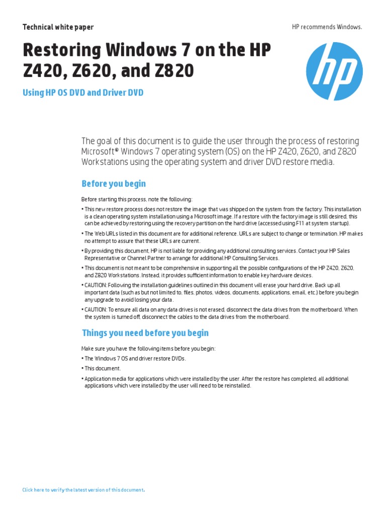 Restoring Windows 7 On The HP Z420, Z620, and Z820 | PDF | Booting | Operating System
