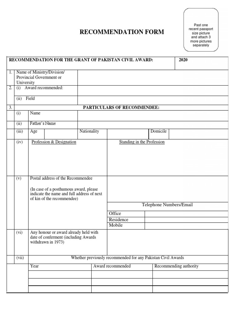 Recommendation Form: Recommendation For The Grant of Pakistan Civil ...