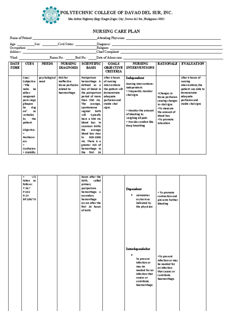 NCP Dennielle | PDF | Nursing | Bleeding