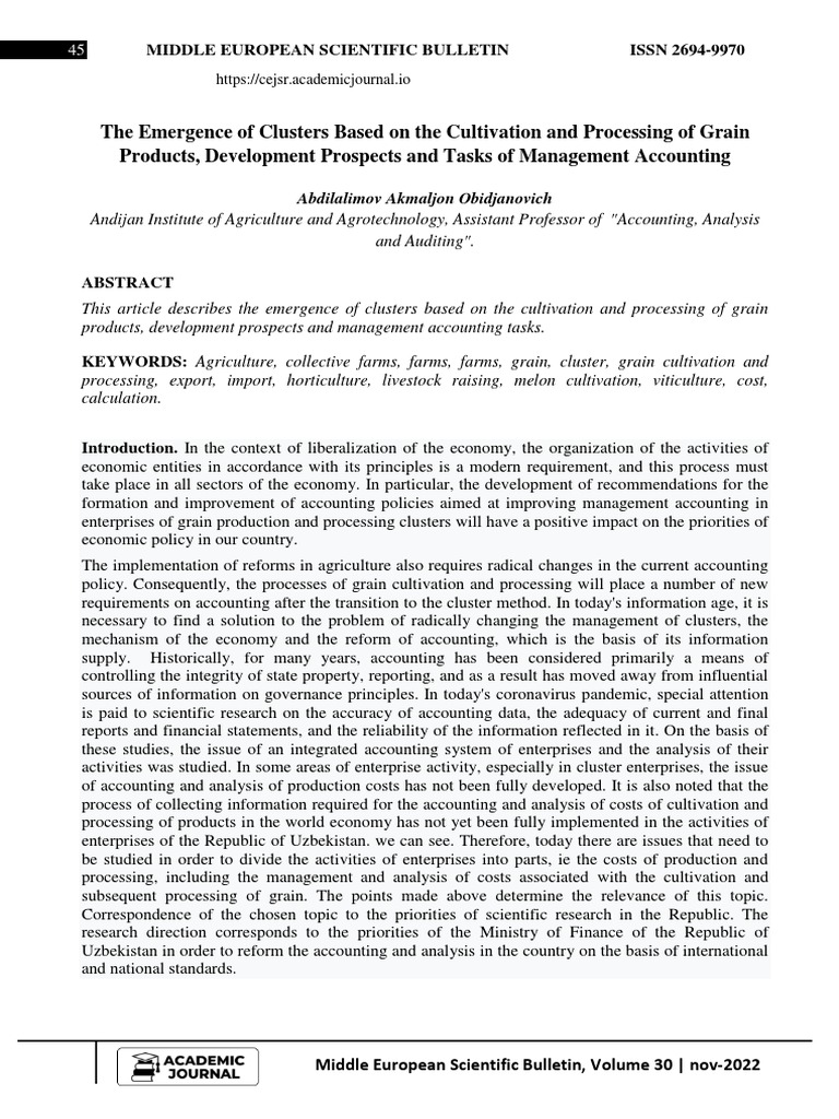 The Emergence of Clusters Based On The Cultivation and Processing of ...