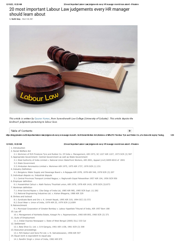 20 Most Important Labour Law Judgements Every HR Manager Should Learn About - Ipleaders | PDF ...