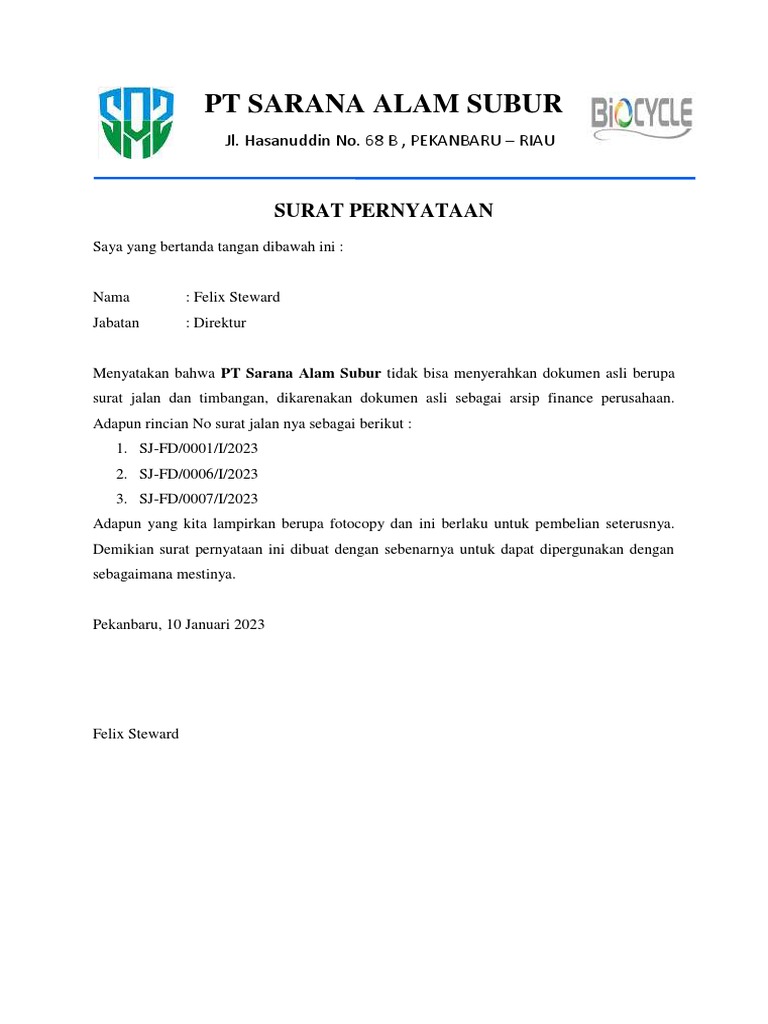 Surat Pernyataan PT SAS | PDF