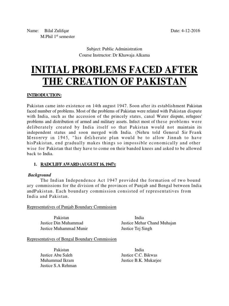 Initial Problems Faced After The Creatio | PDF | Pakistan | Kashmir