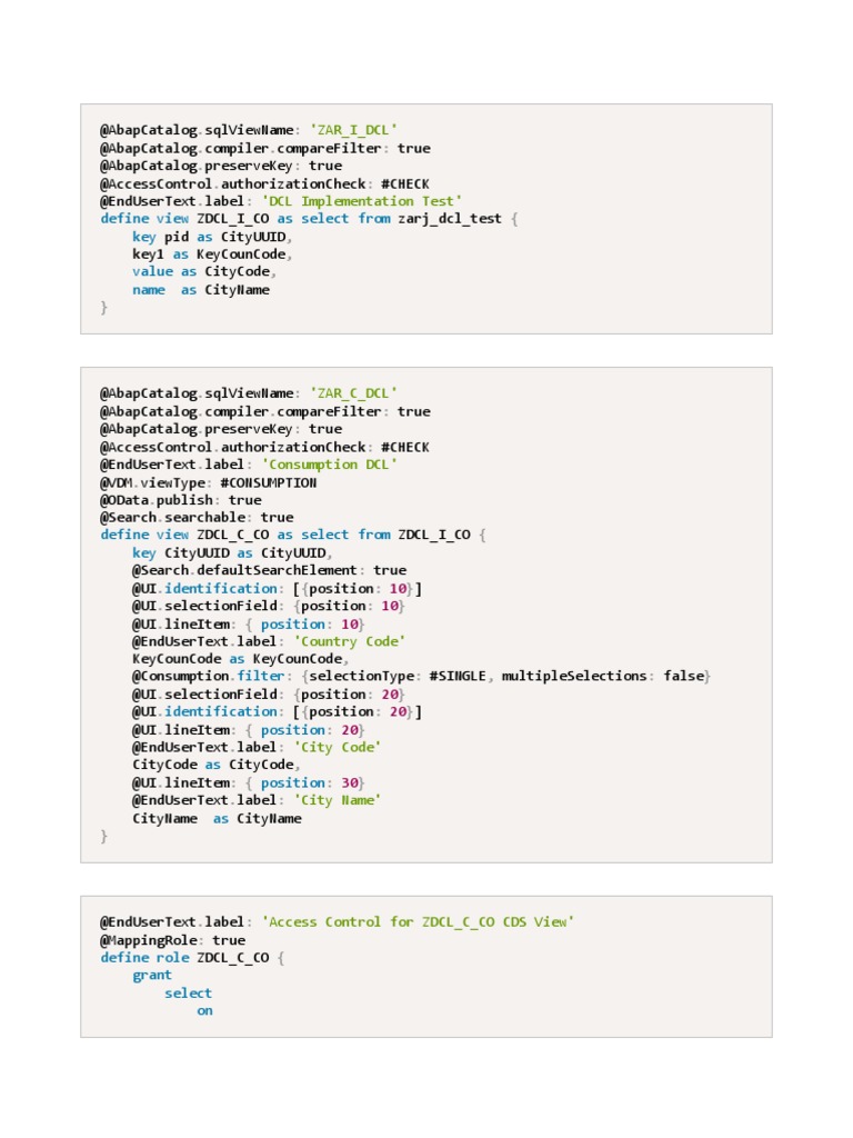Implementing DCL With CDS Views and Roles-CODE | PDF