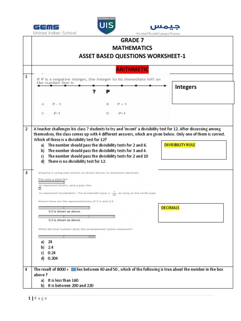 Grade 7 Mathematics Worksheet | PDF | Angle | Geometry