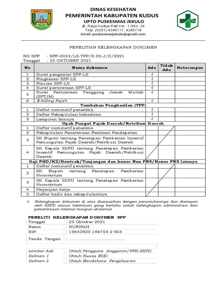 KELENGKAPAN DOKUMEN SPP PUSKESMAS JEKULO | PDF