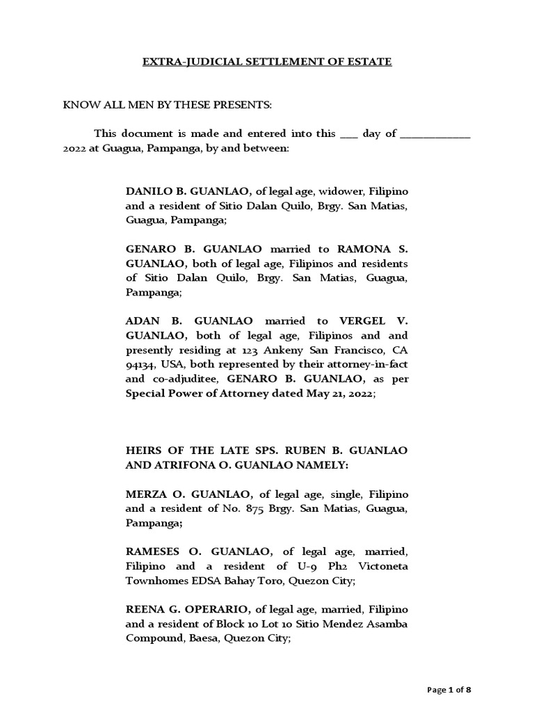 Final Extrajudicial Settlement of Estate Danilo B. Guanlao | PDF ...