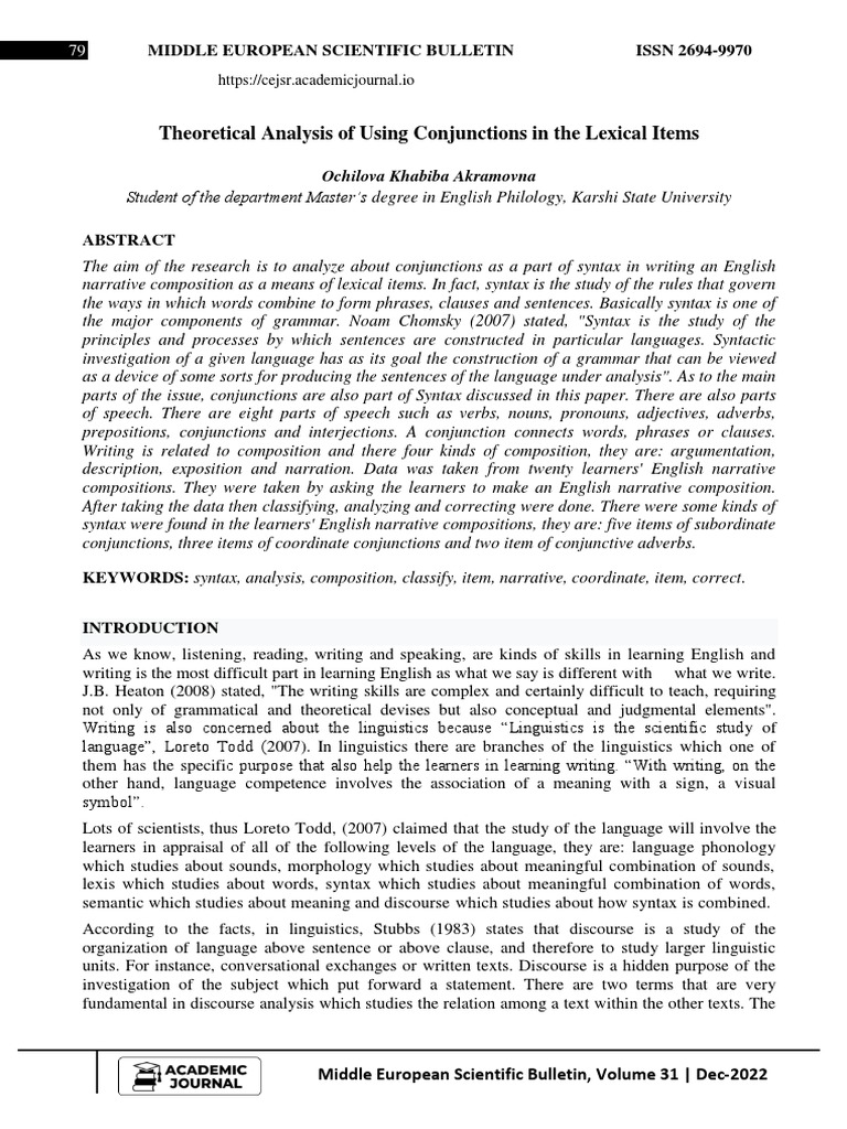 Theoretical Analysis of Using Conjunctions in The Lexical Items | PDF | Syntax | Word