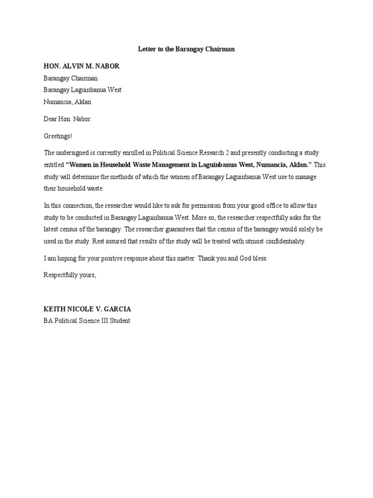 Letter To The Barangay Chairman | PDF