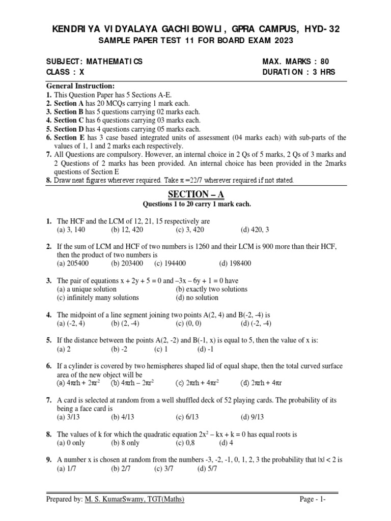 Class X Mathematics Sample Paper 2023 | PDF | Circle | Area