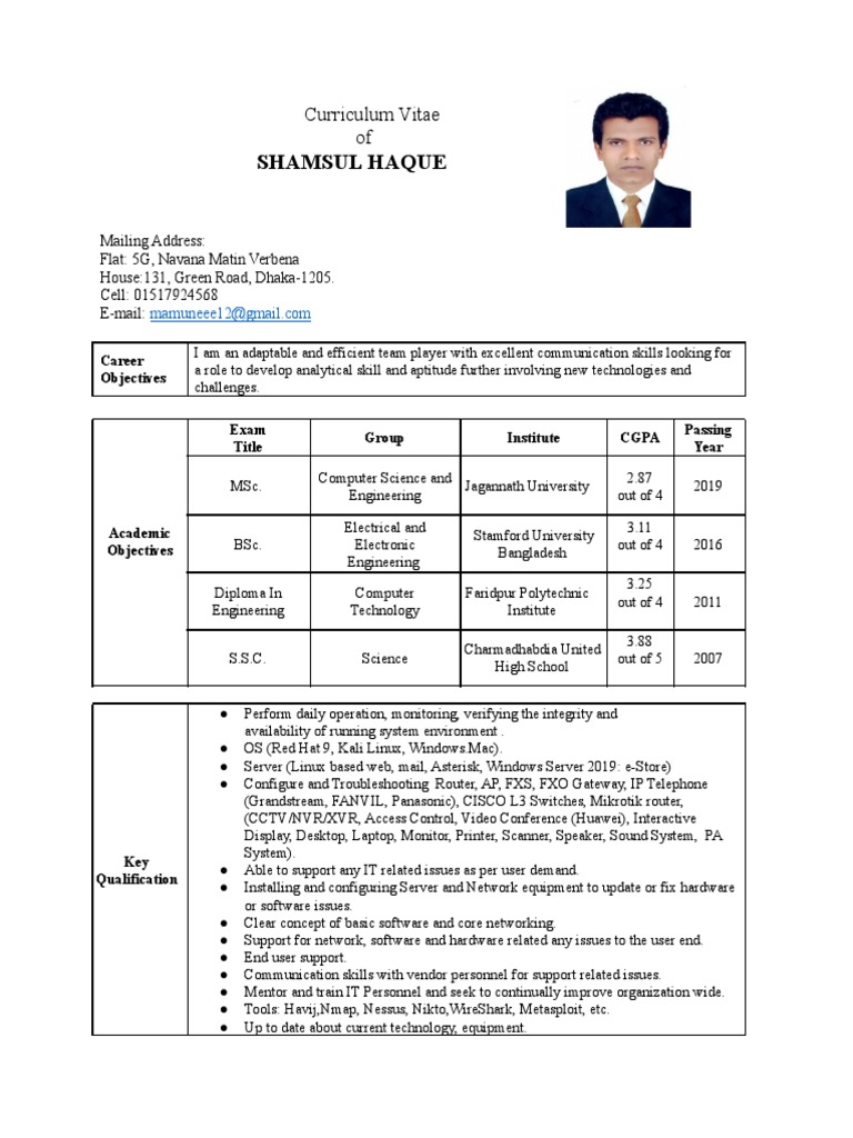 Curriculum Vitae of Shamsul Haque | PDF | Computer Network | Microsoft Windows