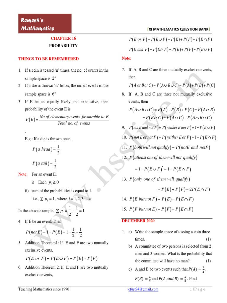 Hsslive-Xi-Maths-16. PROBABILITY | PDF | Probability | Science