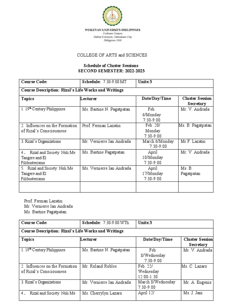 Rizal Cluster Lecturer Schedule | PDF