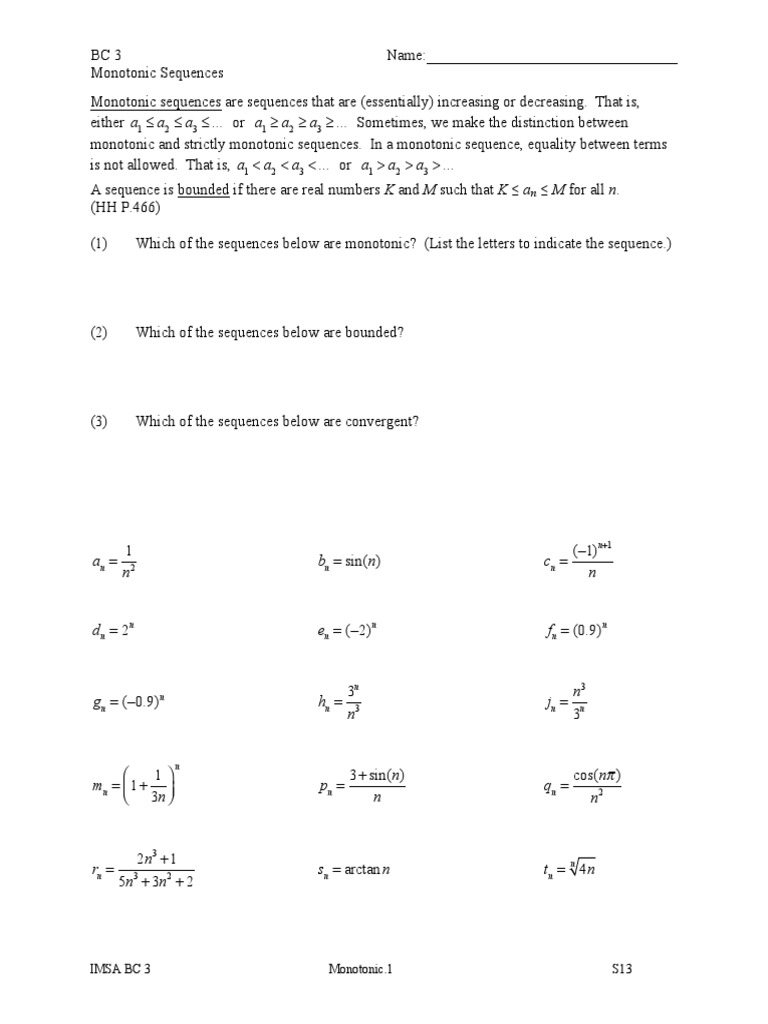 10-Monotonicity and Boundedness Worksheet | PDF