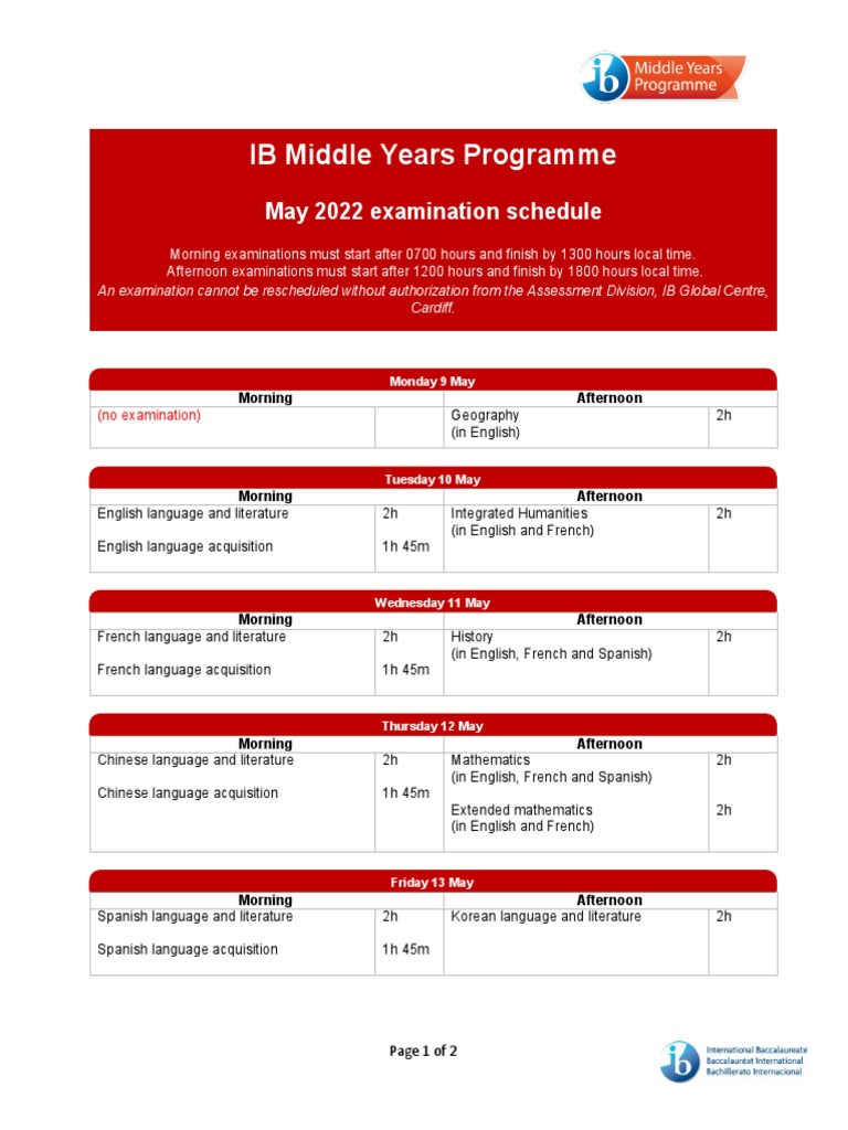 MYP May 2022 Exam Schedule | PDF