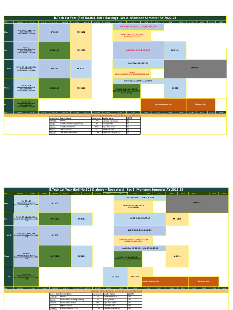Timetable for B.Tech 1st Year Classes for Monsoon Semester AY 2022-23 ...