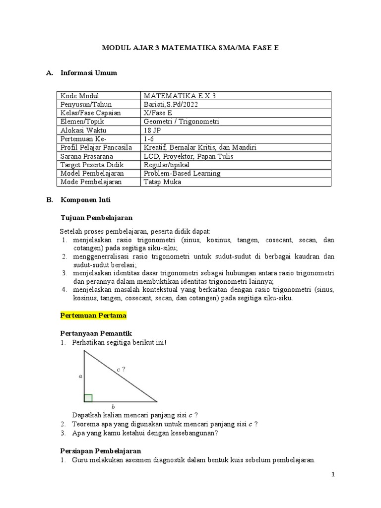 Modul Ajar 3 Matematika Sma Fase e | PDF