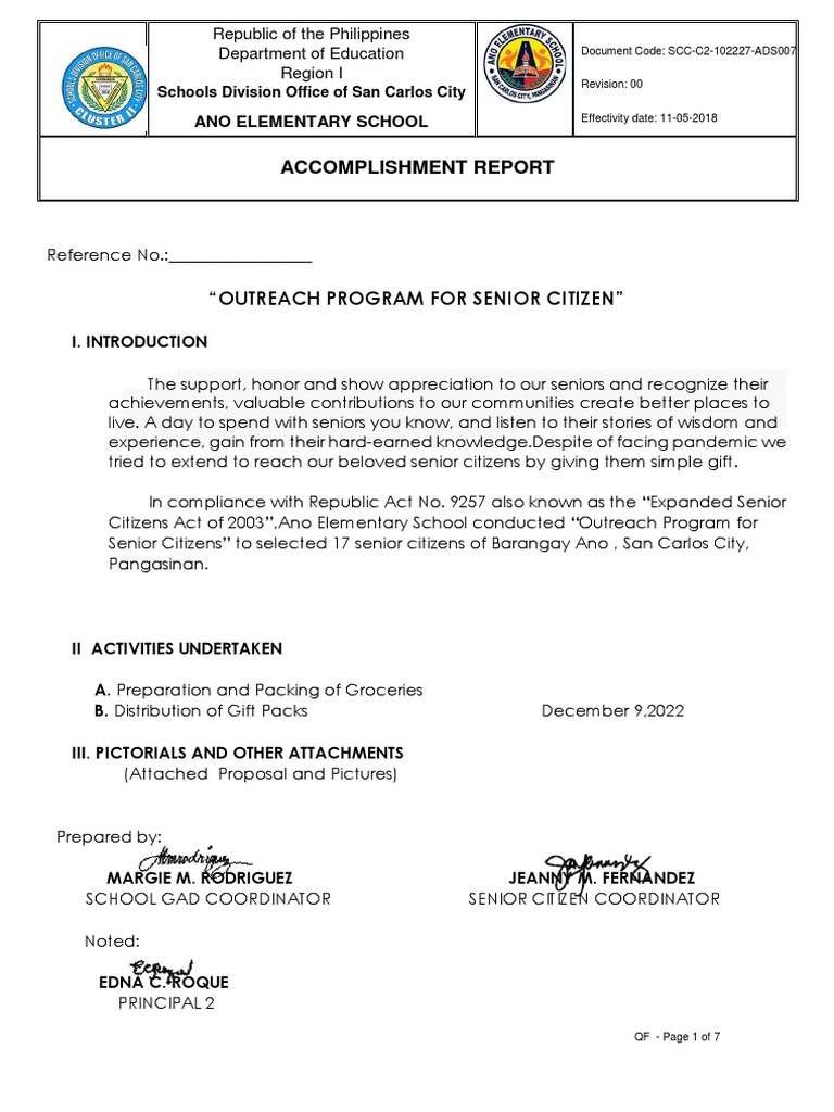 ACCOMPLISHMENT REPORT - Senior Citizen 2022 2023 | PDF | Social ...