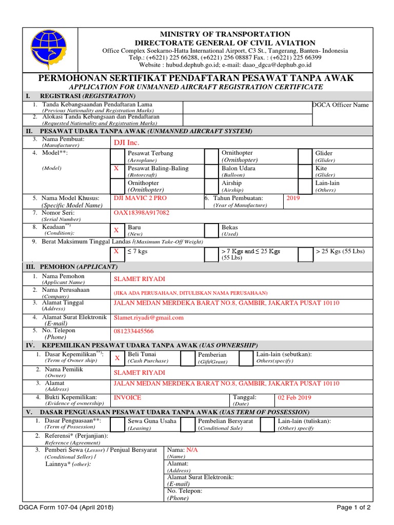 Contoh DGCA Form 107-04 UAS Registration Application Form | PDF
