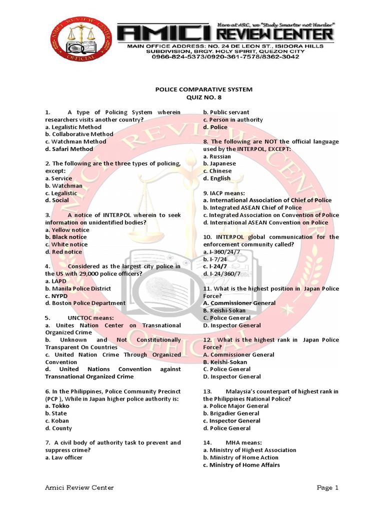 INTERPOL Language and Policing Systems Quiz | PDF | Police | Inspector
