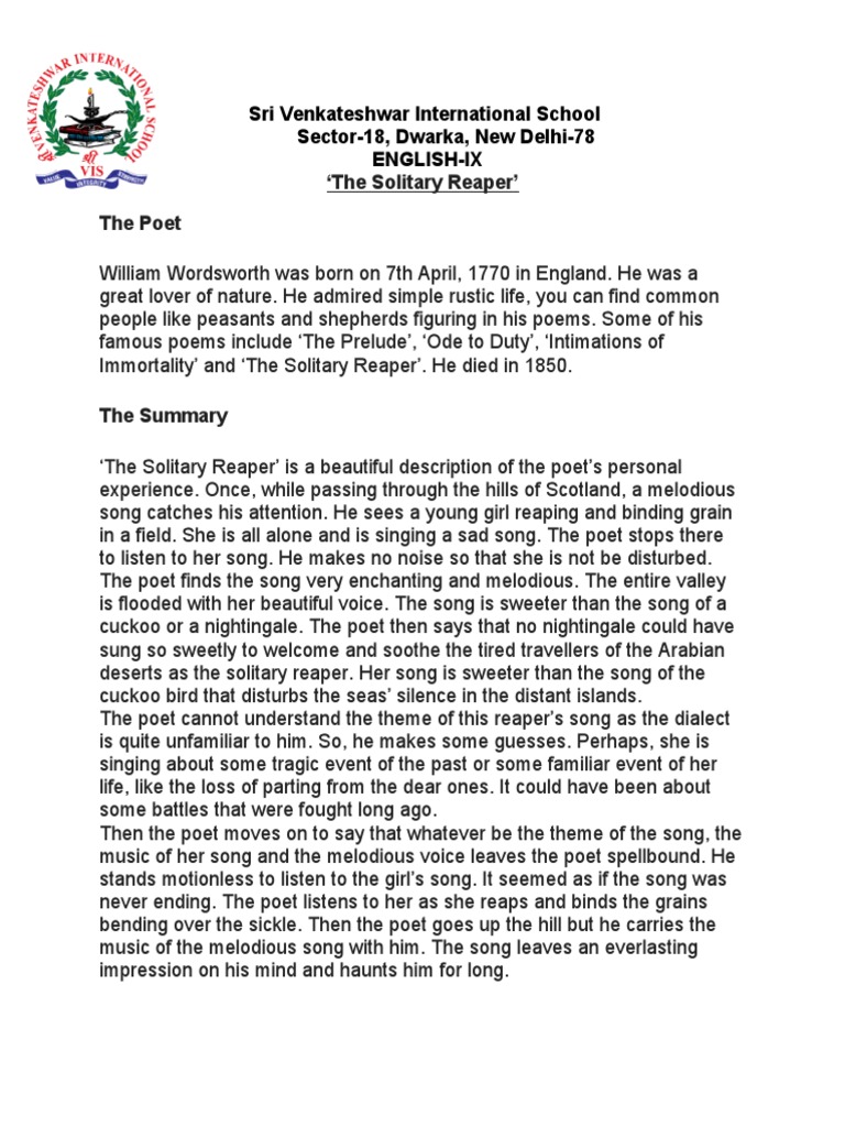 The Enchanting Song of the Solitary Reaper: An Analysis of William ...