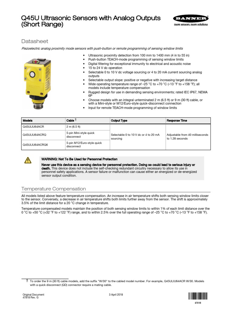 Q45U Ultrasonic Sensors With Analog Outputs (Short Range) : Datasheet ...