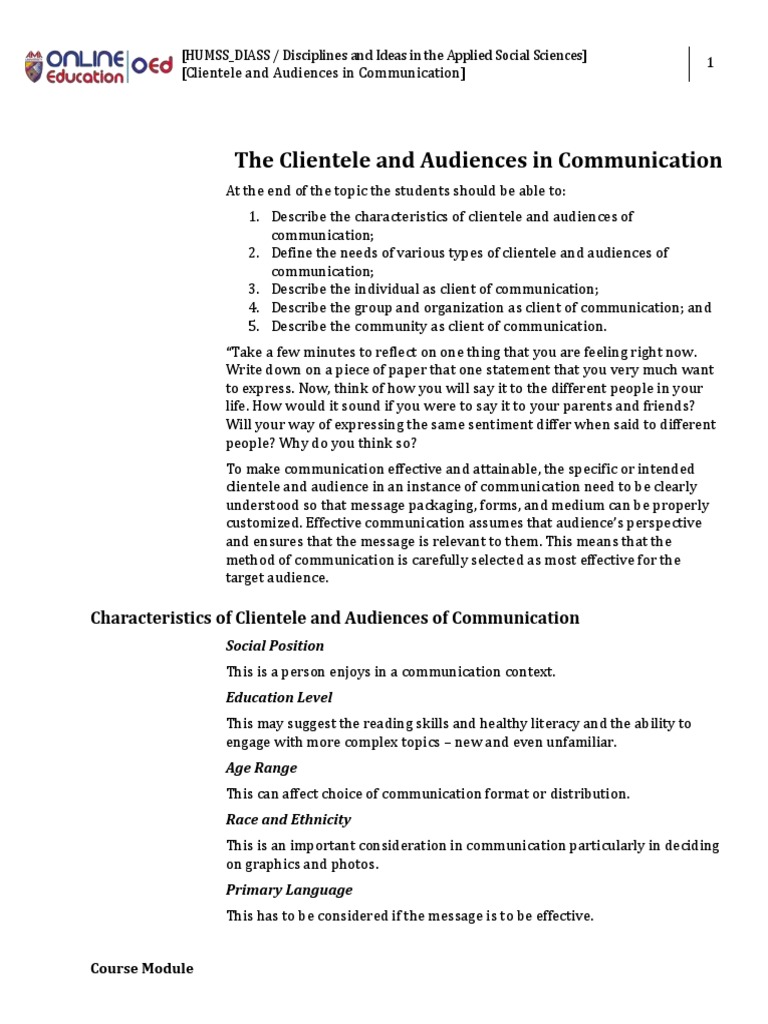 Week 015-Module The Clientele and Audiences in Communication | PDF ...