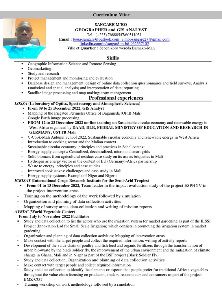 Curriculum Vitae Sangaré M'Bô VA | PDF | Geographic Information System | Geography