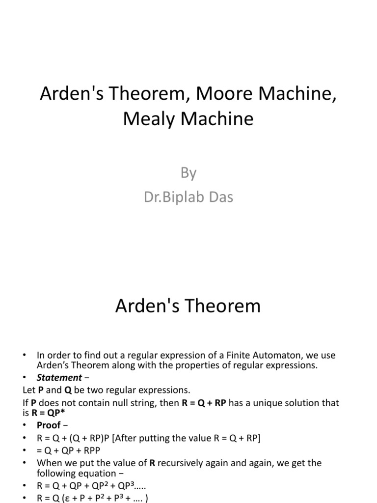 Arden S Theorem Moore Machine Mealy Machine Pdf Computing Theory Of Computation