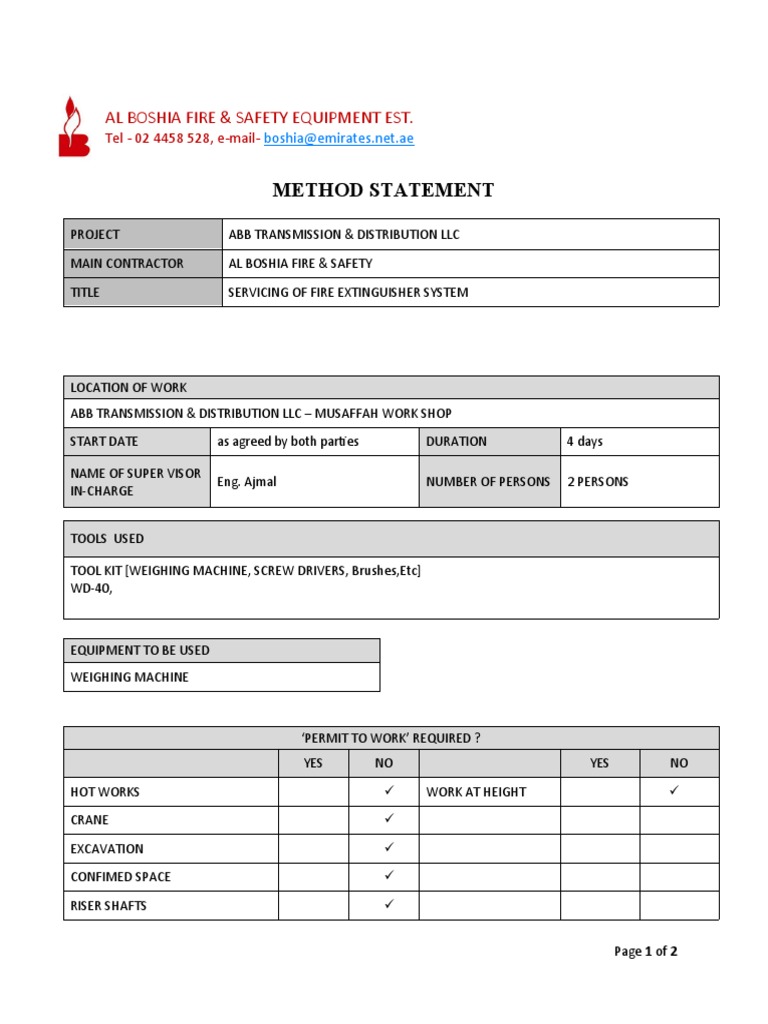 Fire Extinguisher Servicing Method Statement | PDF | Mechanical ...