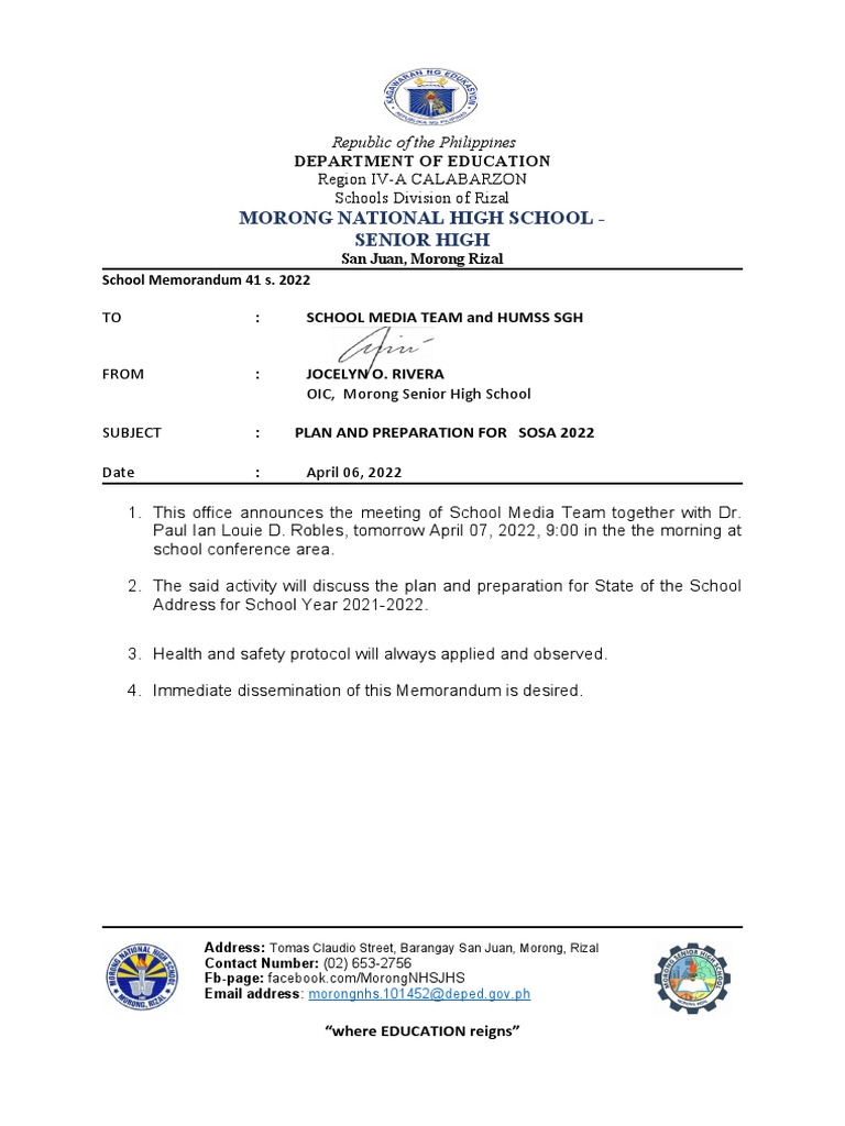 School Memo #41 S. 2022 Preparation For SOSA | PDF | Wellness