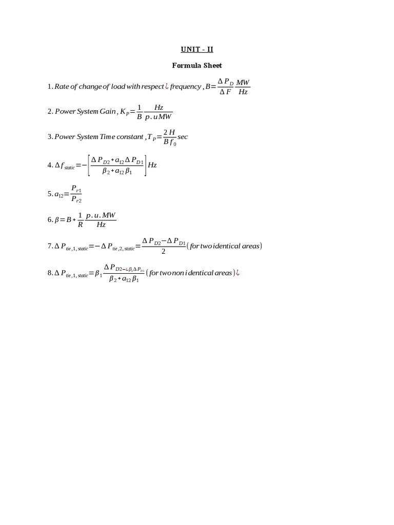 UNIT II Formula Sheet | PDF