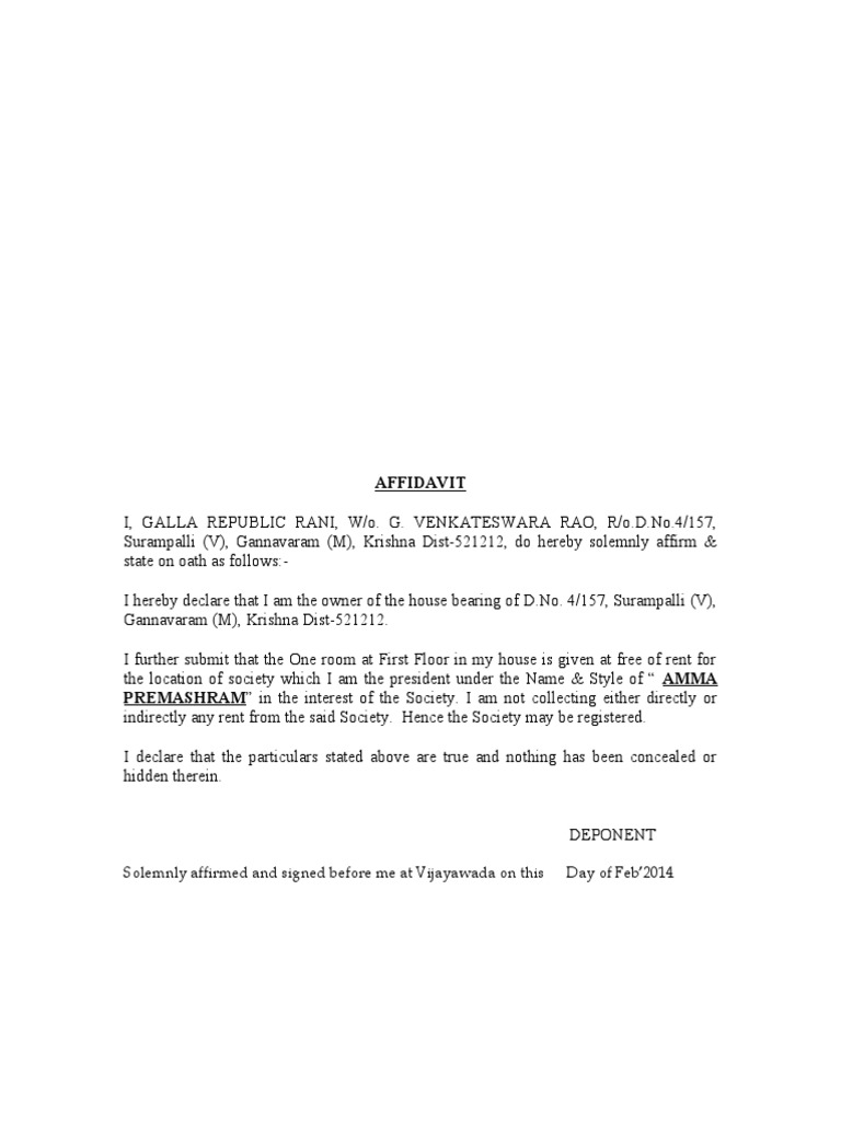 Affidavit For Society Registration For Own House Amma Premashram | PDF