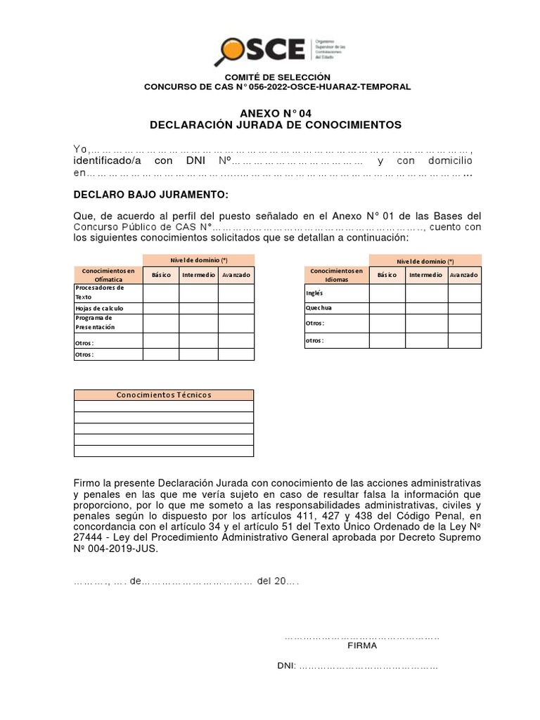 Declaración Jurada de Conocimientos CAS 056-2022 | PDF