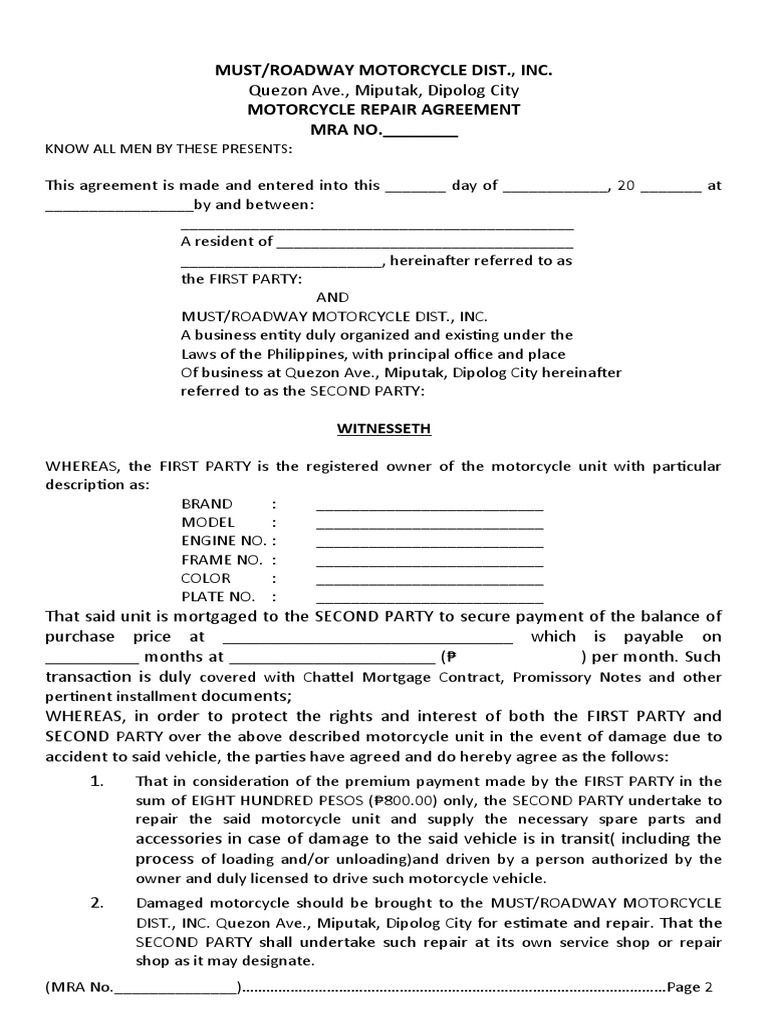 Motorcycle Repair Agreement (Dipolog Main) | PDF | Business | Civil Law ...