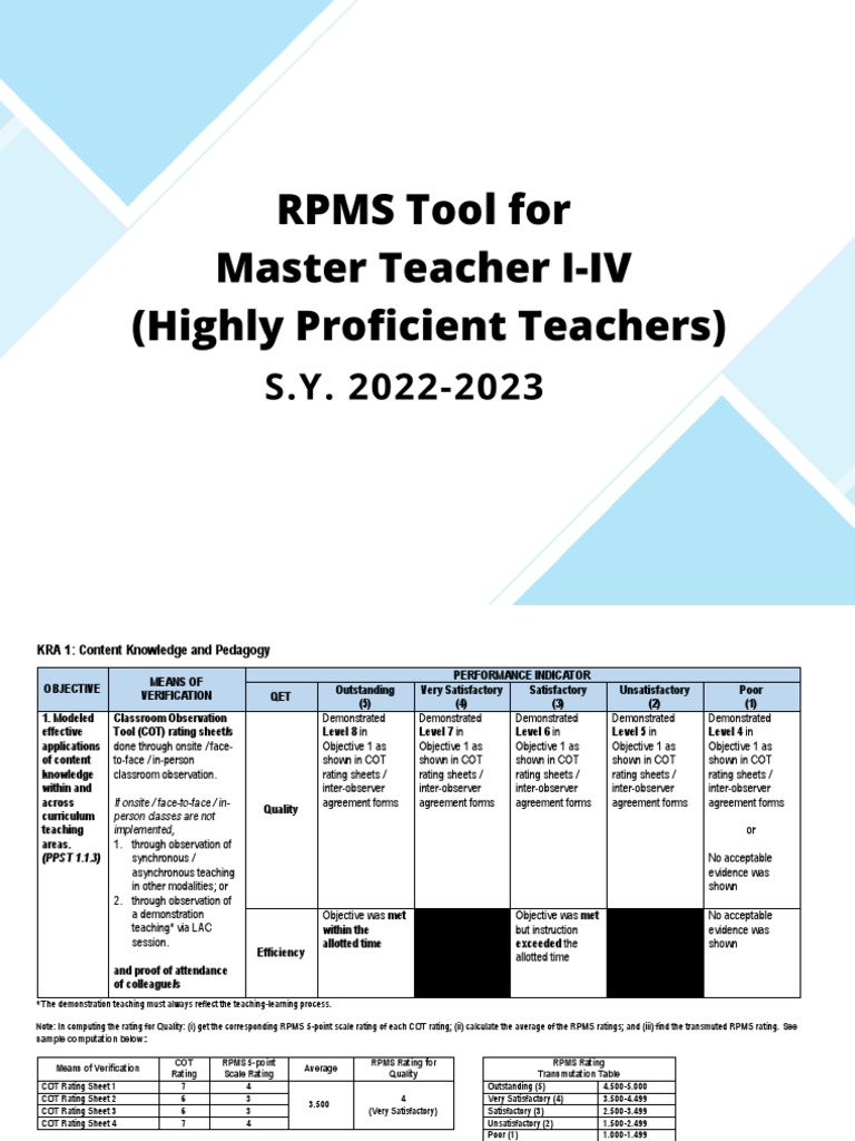 Annex B1 RPMS Tool For Highly Proficient Teachers SY 2022-2023 | PDF ...
