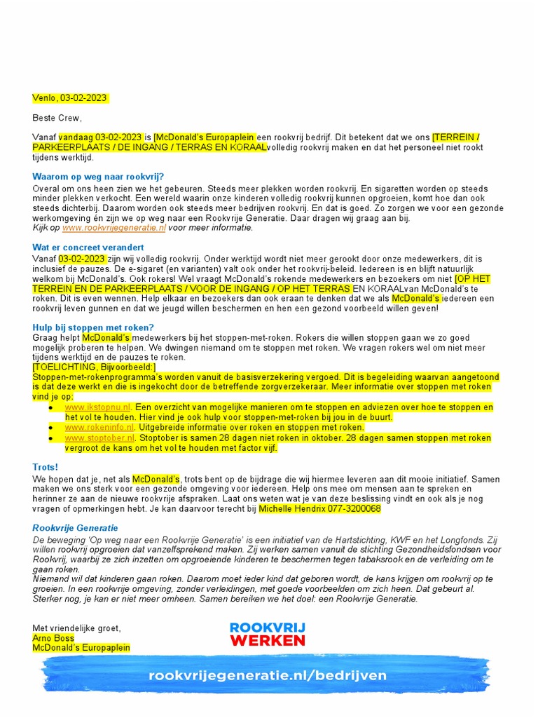 Voorbeeld Email Aankondiging Rookvrij Werken | PDF