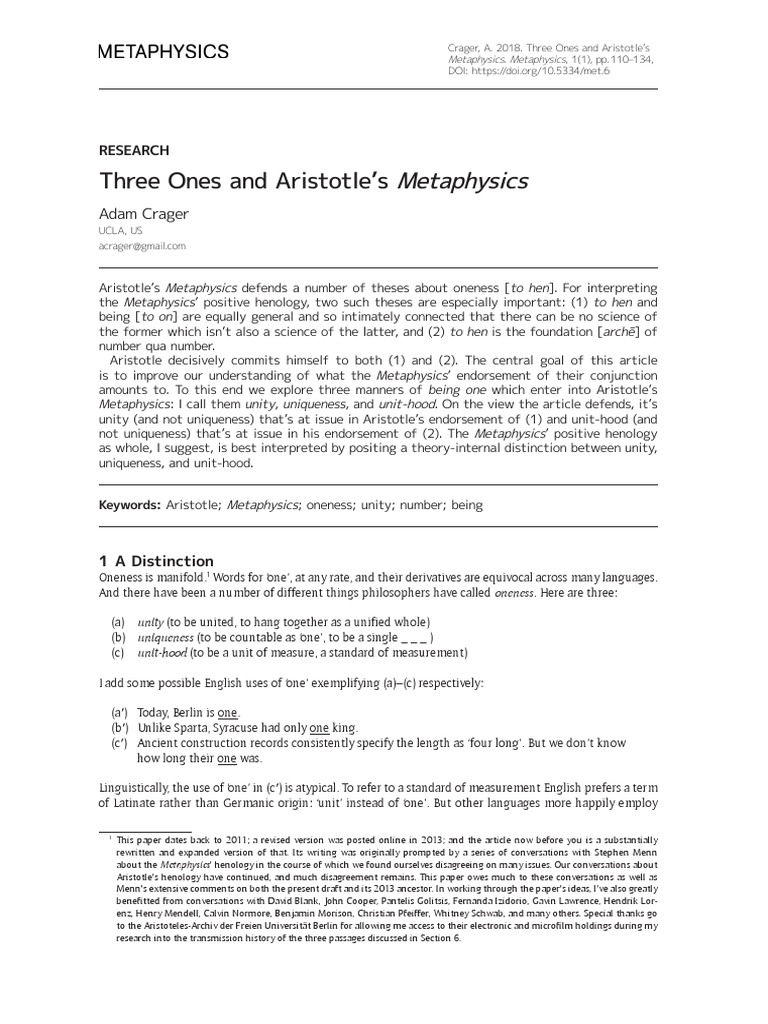 Three Ones and Aristotles Metaphysics | PDF | Aristotle | Metaphysics
