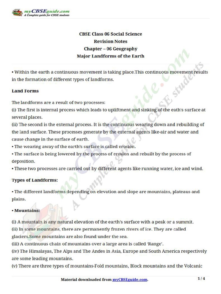 06 Social Science Geo Key Notes ch06 Major Landforms of Earth | PDF