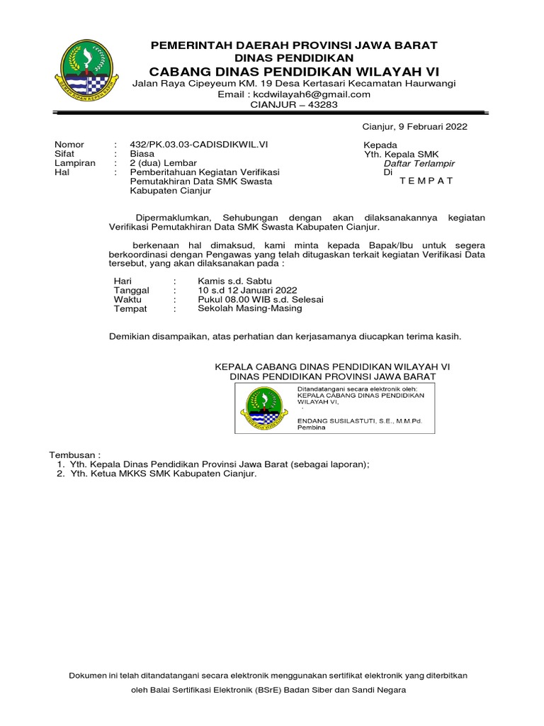 Pemberitahuan Verifikasi Data SMK Swasta Kabupaten Cianjur | PDF